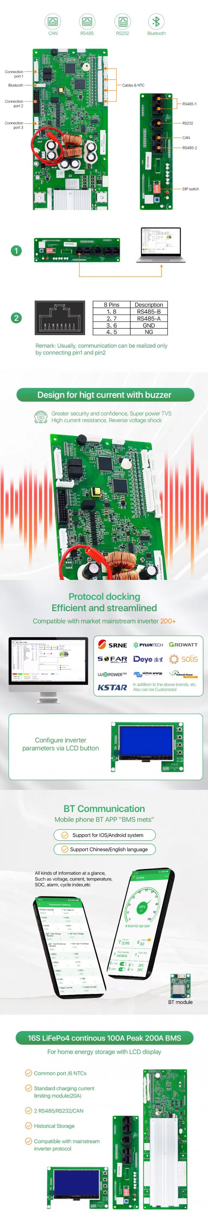 16S 48V Smart BMS For Solar System Storage 100A 200A LiFePO4 Battery Management System